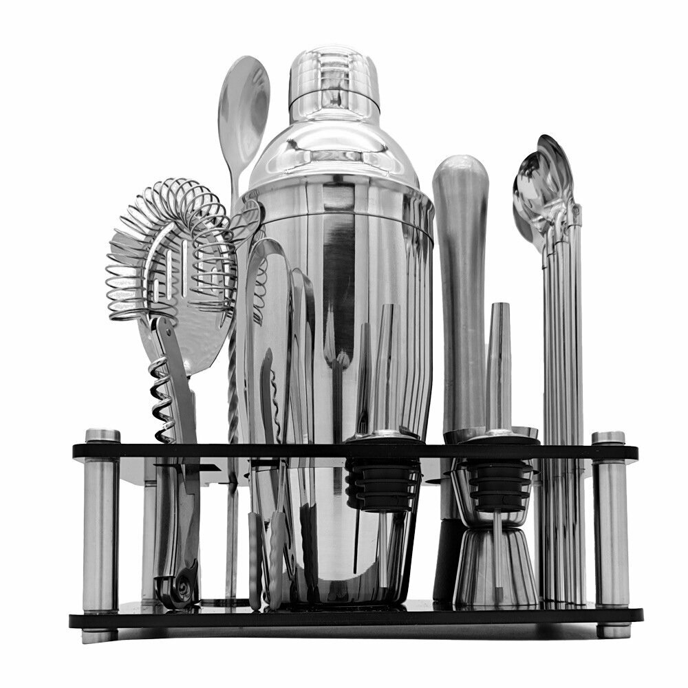 Набор для коктейлей 14 шт Boston Shaker из нержавеющей стали, включающий коктейльный шейкер 550ml/750ml, мадлер, 4 соломинки-ложки, 2 налитья для вина, стойку PMMA, стрейнер для льда, винтовер, коктейльную ложку, лоток для льда, джигер двусторонний