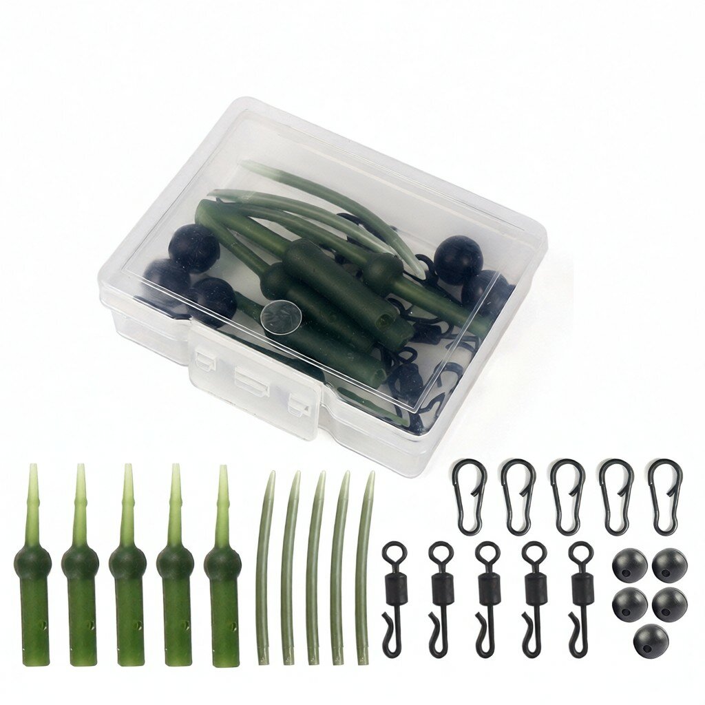 Набор для ловли карпа 25 шт. Карповые оснастки и приспособления: хвостовые наконечники (36мм, зеленый), безопасные штыри (12мм), бусины (8мм), поворотники (20мм, черный), мягкие трубки (36мм, зеленый)