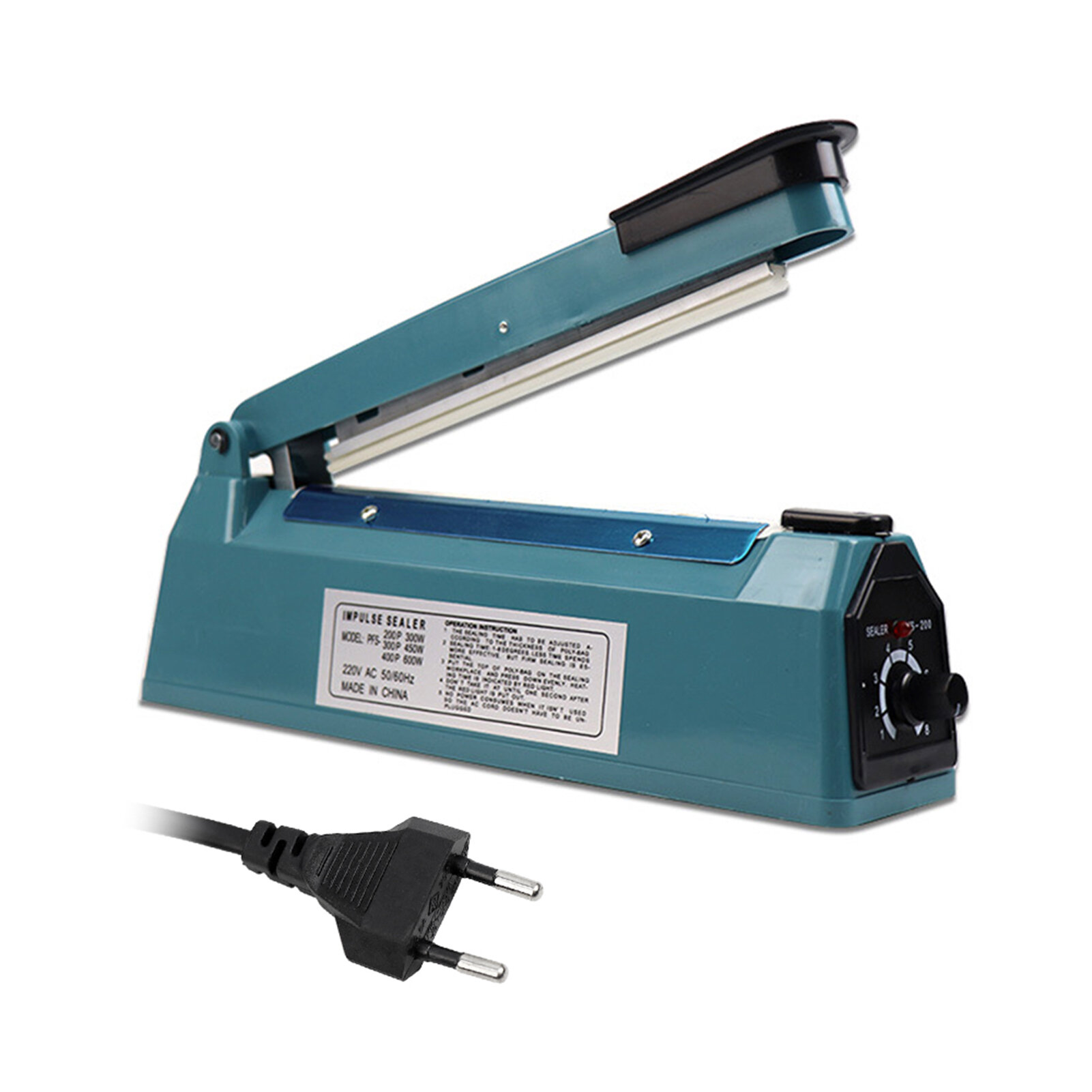 8-дюймовый импульсный герметизатор ручной термогерметизатор для пакетов PE/PP для упаковки еды дома ресторане, синий цвет, мощность 300Вт, длина герметизации 200мм, толщина 0.3мм, ширина 2мм, время нагрева 0.2~1.5с, размер 30*7.8*8.5см, EU/US вилка