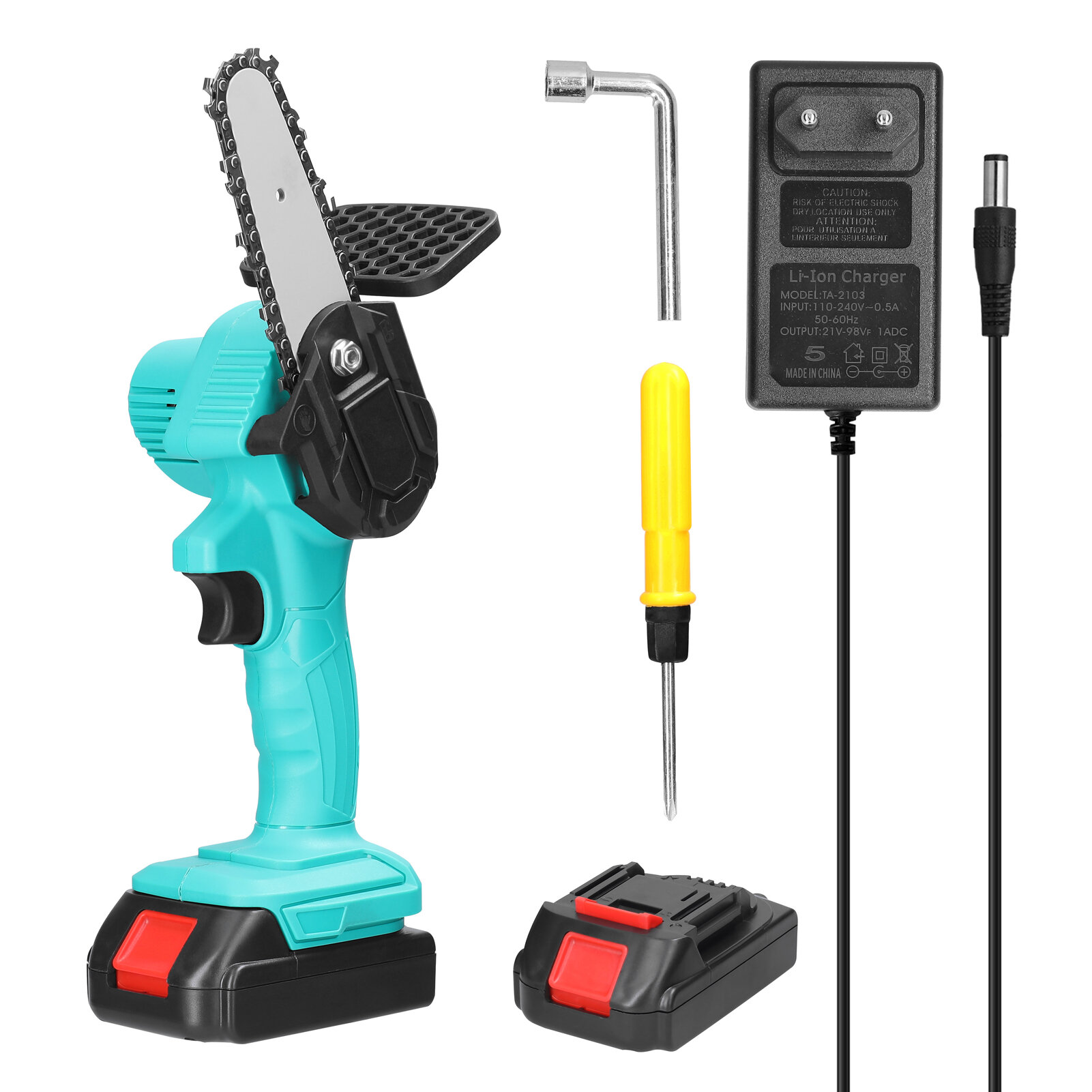 21V 4inch Электрические Прунинговые Пилы Зарядные Литий-ионные Аккумуляторные Портабельные Малые Древесные Рубильные Цепные Пилы Щетчатая Моторная Однорукая Древообрабатывающая Электроинструмента для Сада Оранжереи, Цвет: Желтый Зеленый Красный Черный,