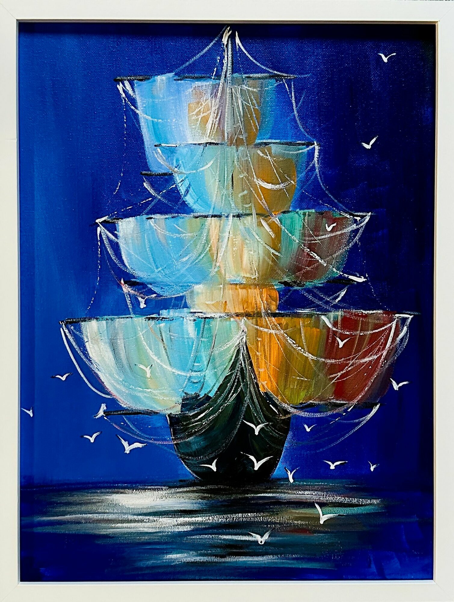 Картина "Парус на море" 30х40 см, акрил, белый багет, крепление