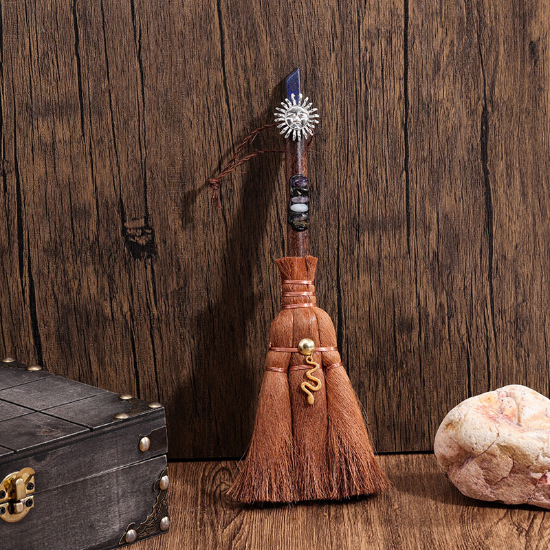 Натуральный кристаллический необработанный камень, метла ведьмы, подвесное украшение для автомобиля, 24 см, длинная метла, подвесное украшение