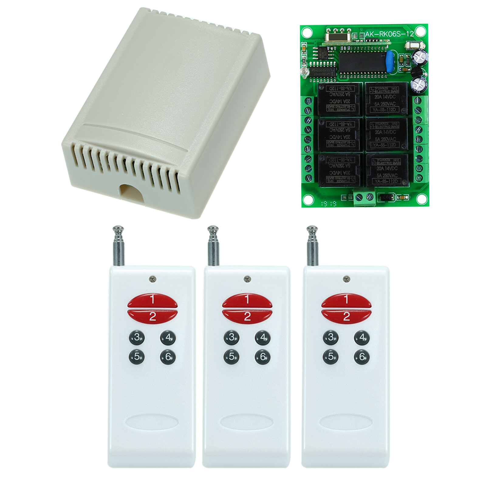 Модуль приемника переключателя с радиоуправлением 433Mhz DC 12V 6CH 10A и 3 шт. пультов управления RF 6-кнопочных 433 Mhz с фиксированным кодом (чип 2262) для умного дома