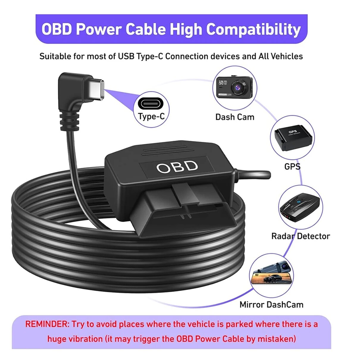 Хорошие продажи OBD2 Кабель питания OBD для видеорегистратора, адаптер OBD-C USB OBDII, кабель для зарядного устройства с жестким проводом, от 12 до 36 В до 5 В/3 А