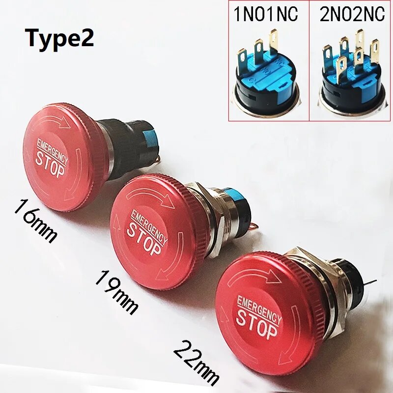 Металлический аварийный кнопочный переключатель STOP 16/19/22 мм 16mm, Type2, 2NONC