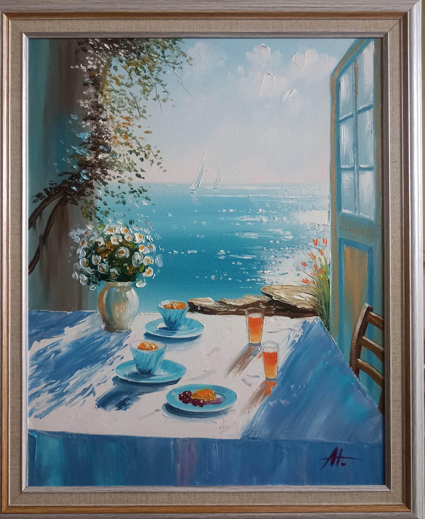 Картина "Летнее утро", авторская, живописный морской пейзаж, масло, холст, в раме, ручная работа