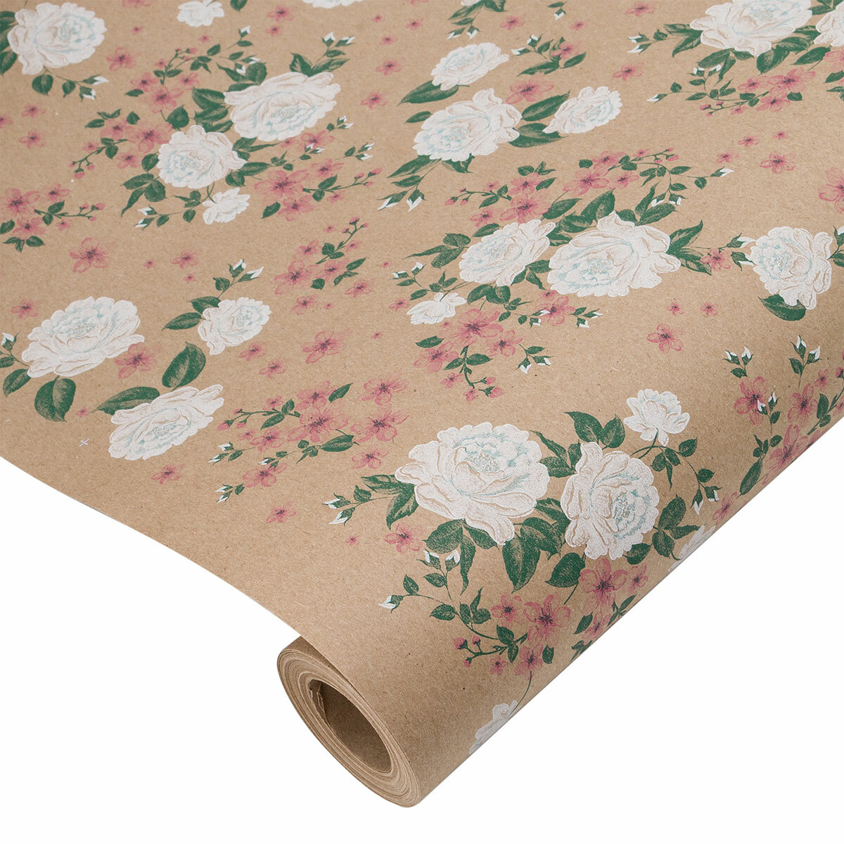 Крафт бумага Пионы белый на коричневом фоне, 720мм/60гр/10м +/- 5%