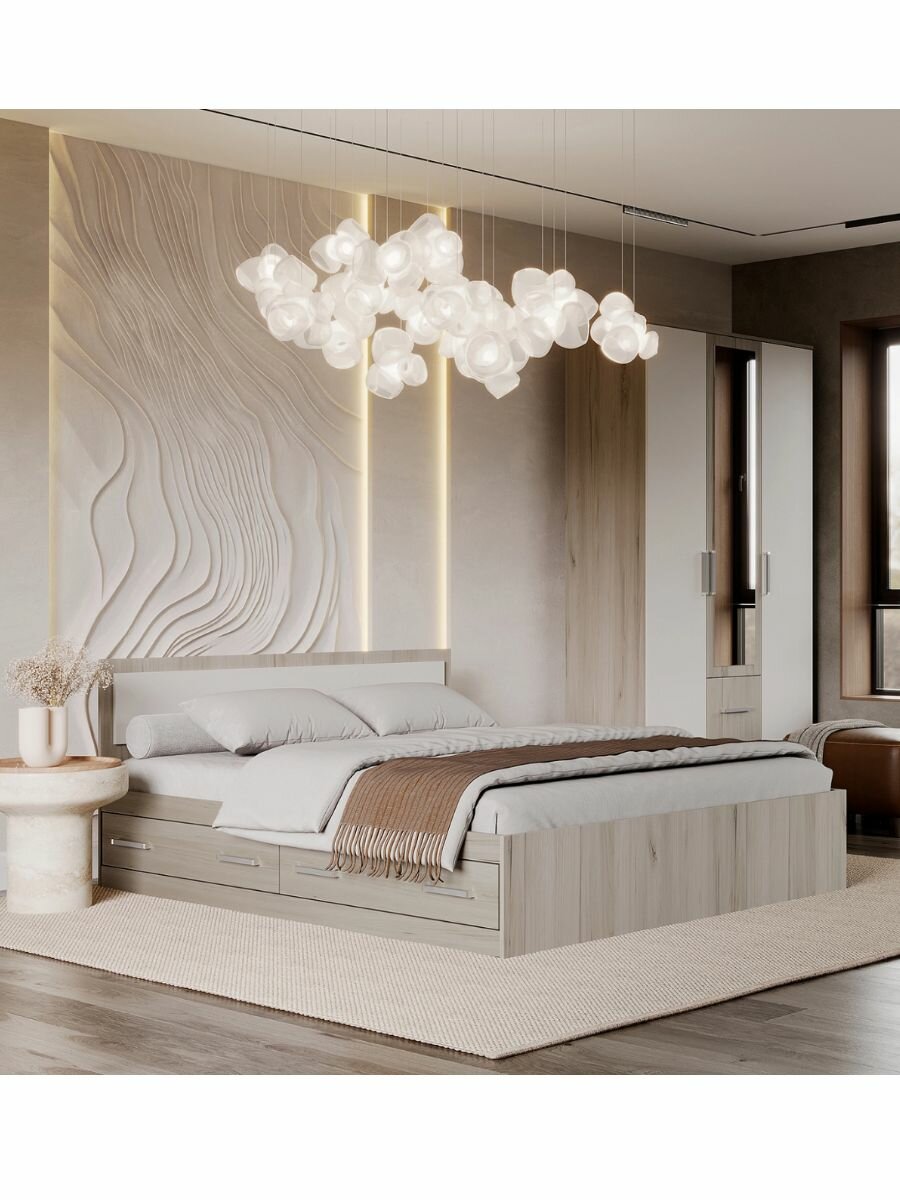 Кровать двуспальная Фиеста NEW 1,6 1635х800х2037, Дуб Крафт серый/Кашемир, с выдвижными ящиками, МИФ