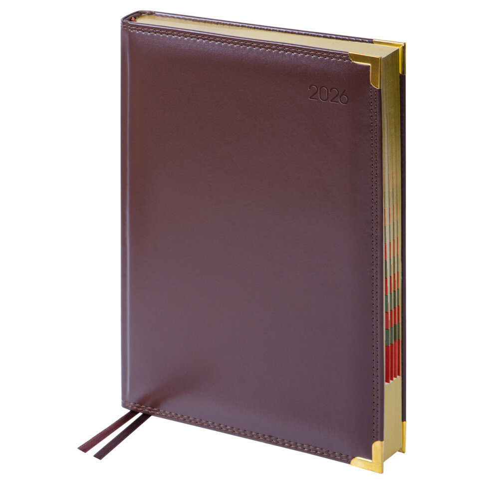 Ежедневник датированный 2026г, А4-(В5), 184л, Delucci, Гладкая кожа, зол. срез, коричневый, 381812