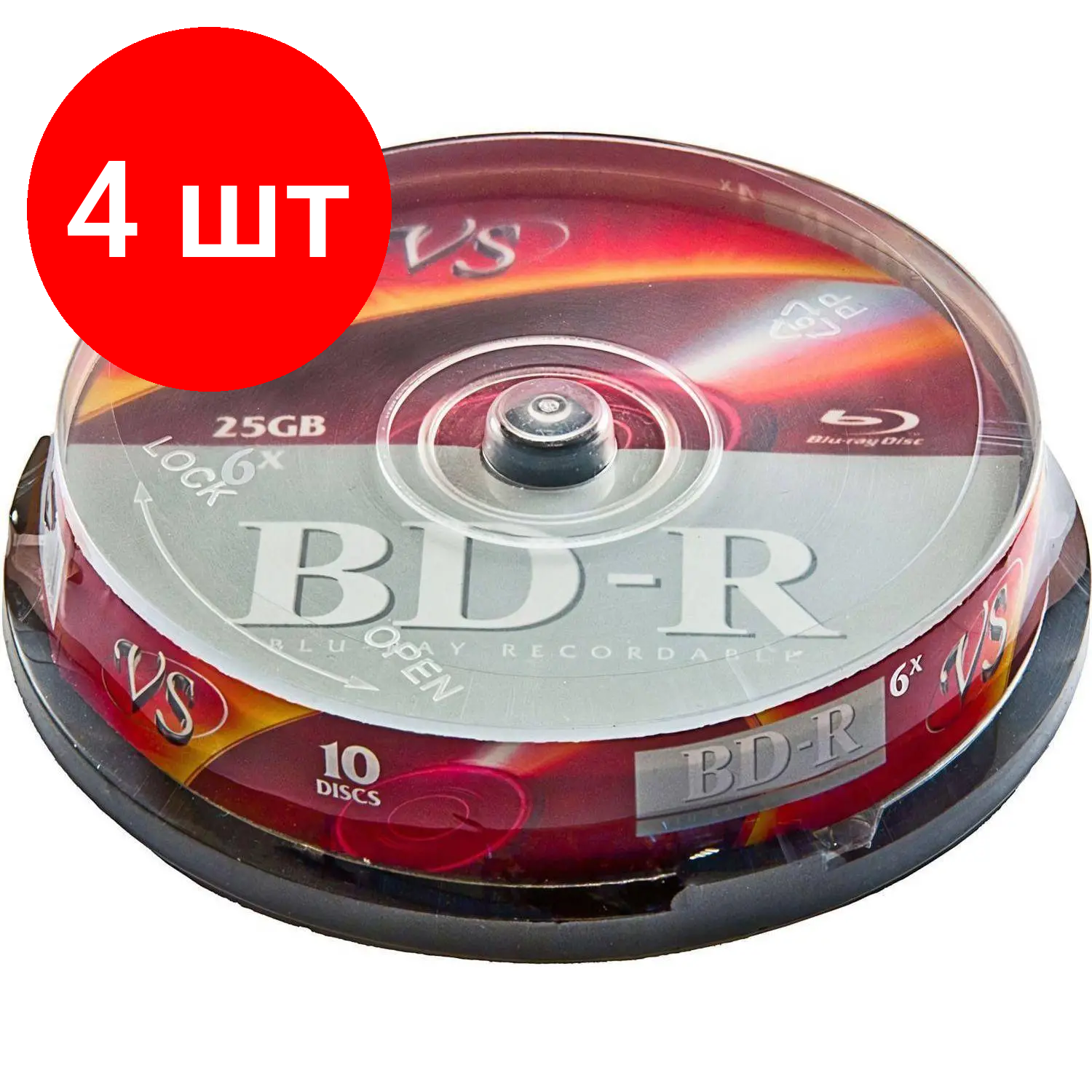Комплект 4 упаковок, Носители информации Blu-ray BD-R, 6x, VS, Cake/10, VSBDR4CB1002
