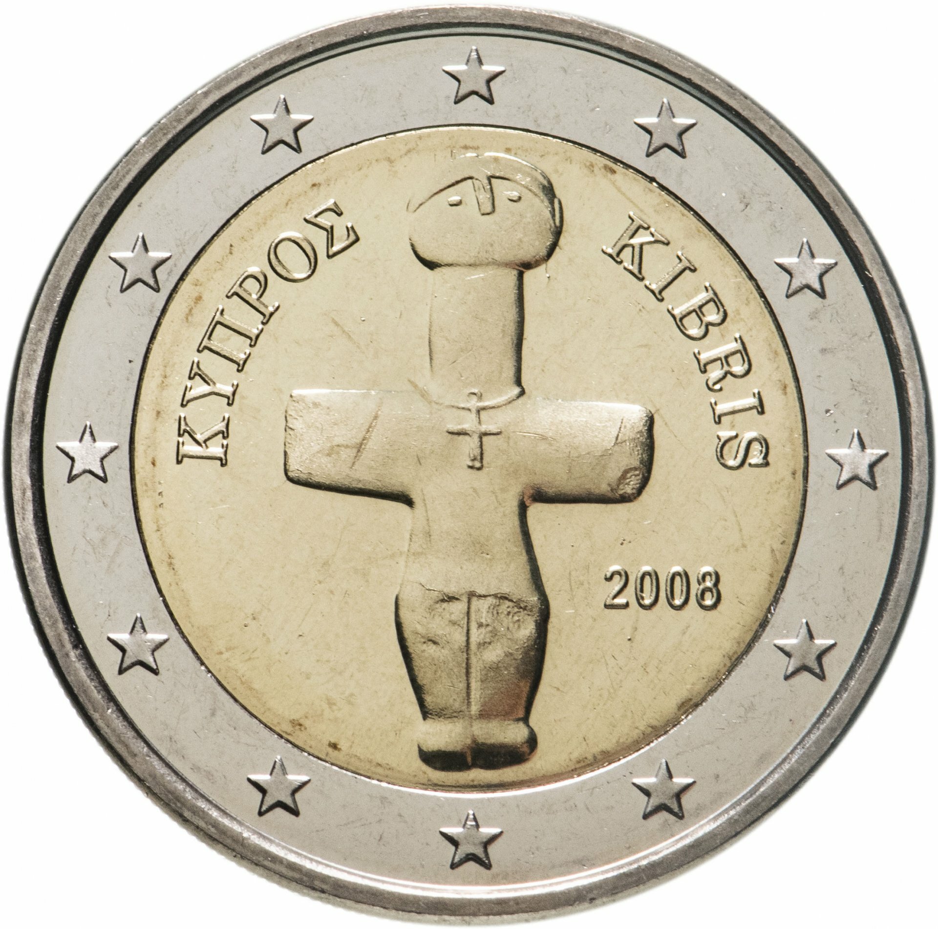 Кипр 2 евро 2008 обычная, Биметалл, в сохранности UNC