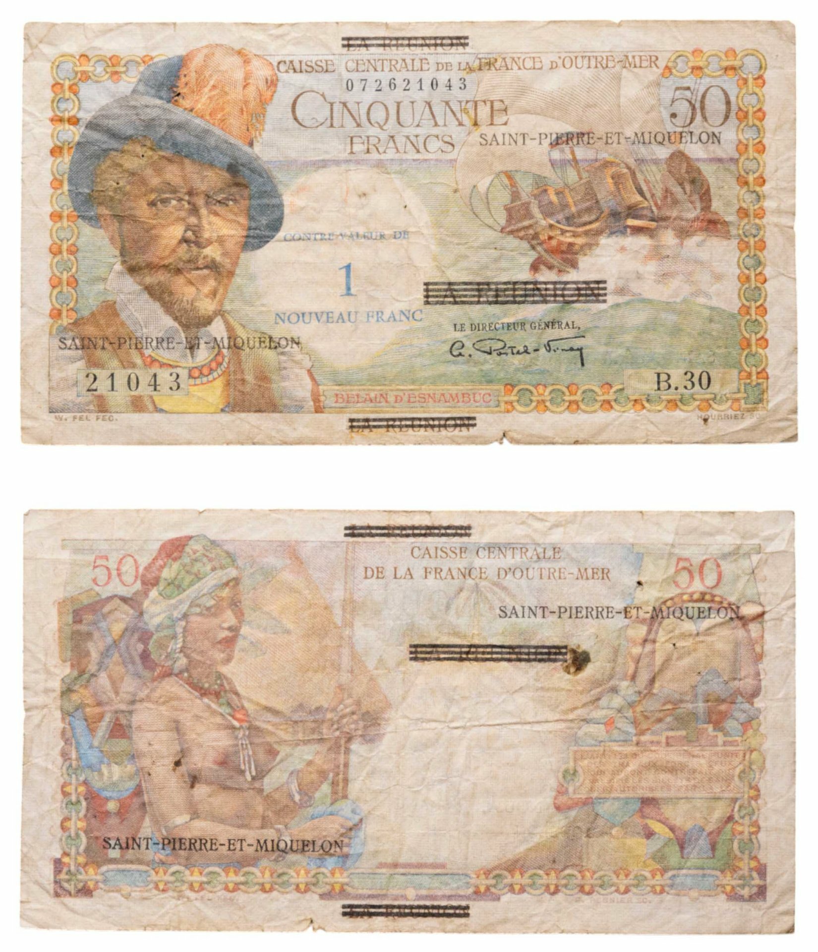 Сен-Пьер и Микелон 1 новый франк 1960 надпечатка на 50 франках P-30b