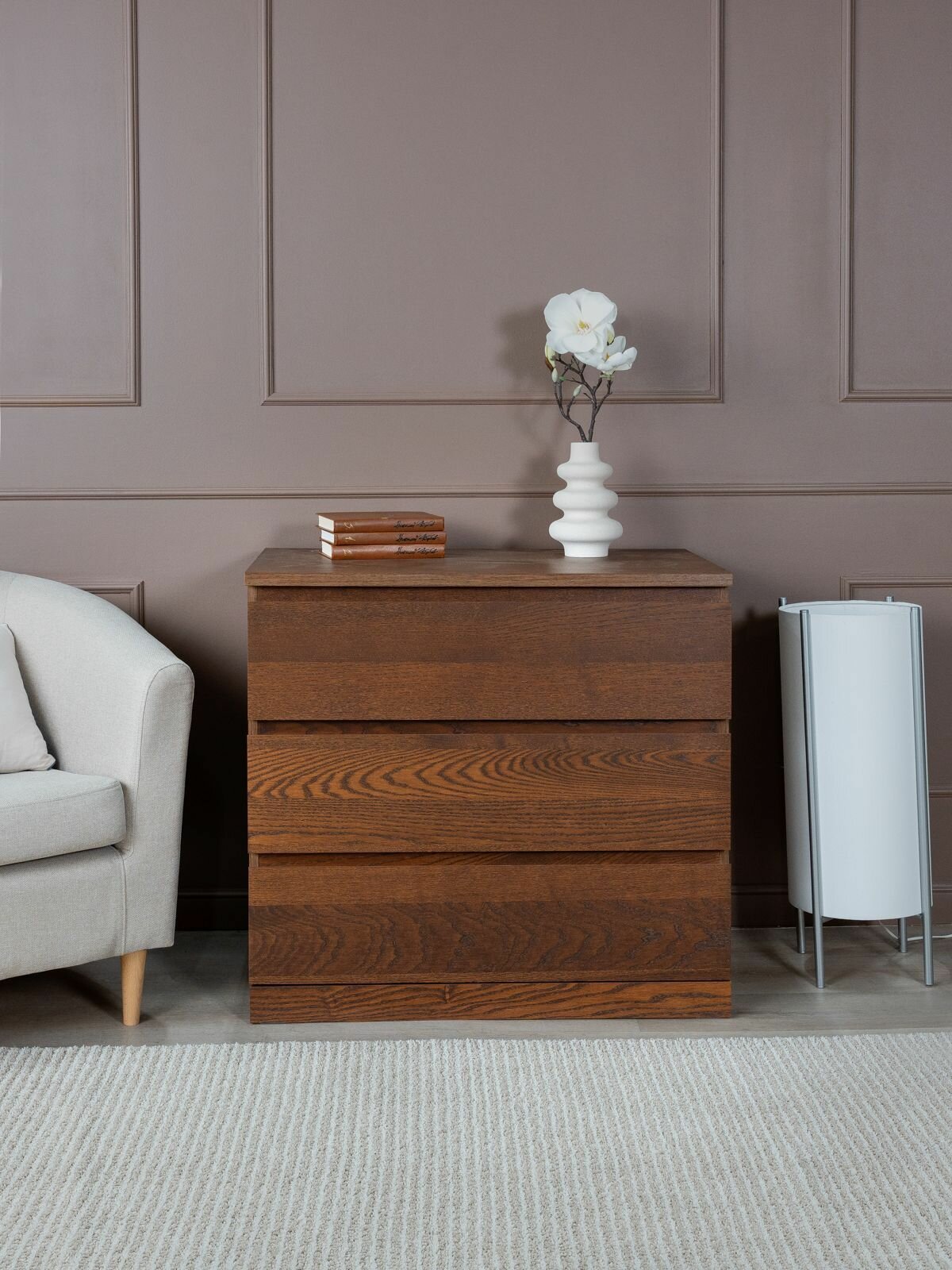 Комод Варма Прайм, 3 ящика, 80х77х48 см, шпон натурального дерева, ясень коричневый, ГУД лакк