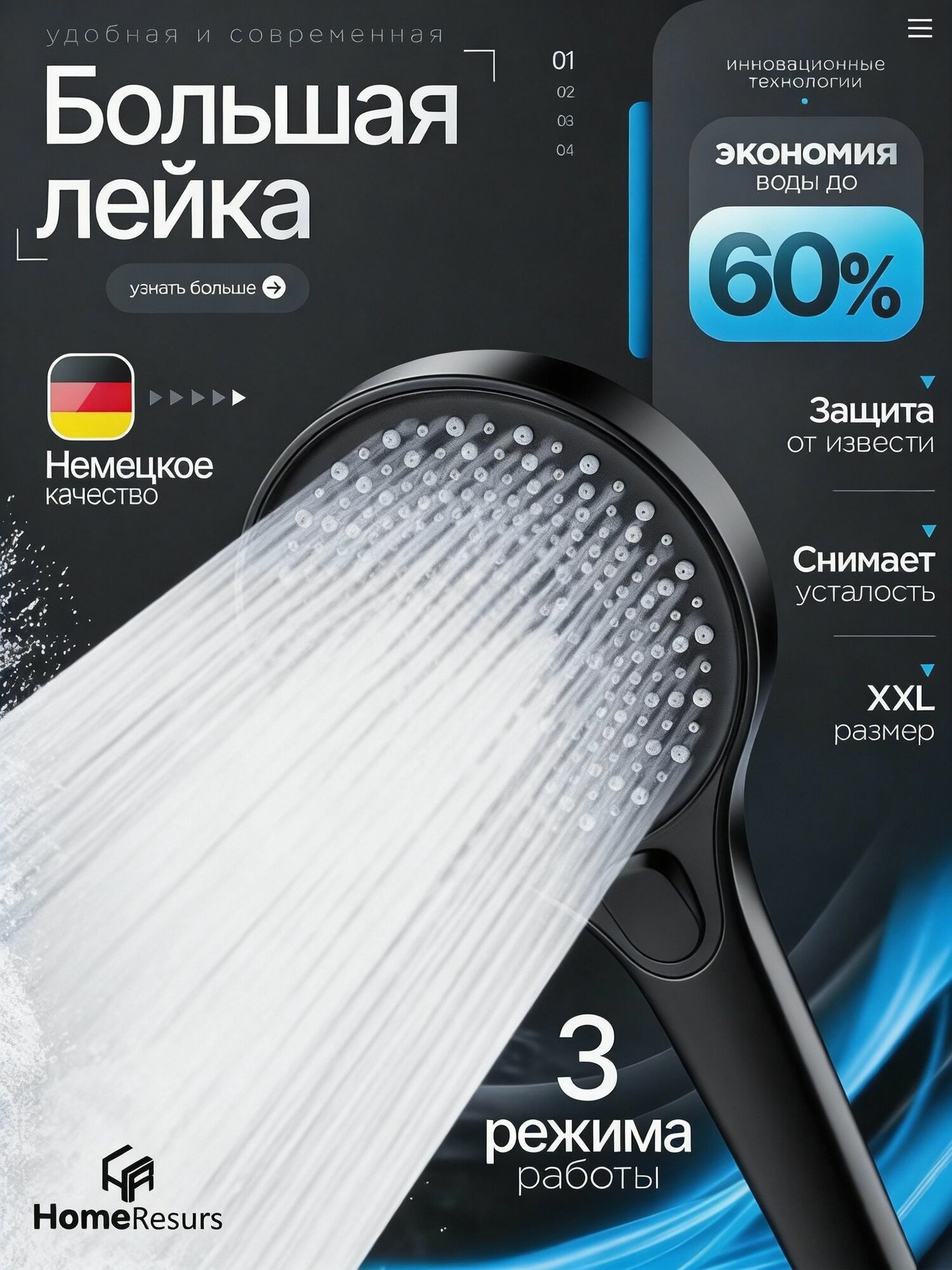 Лейка для душа большая, Массажная 3 режима с кнопкой, Душевая лейка XXL, Мощный напор, Черная