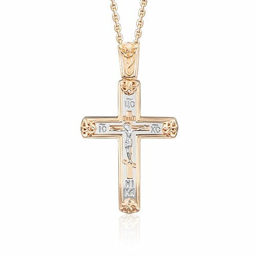 Крестик, комбинированное золото, 585 проба, родирование