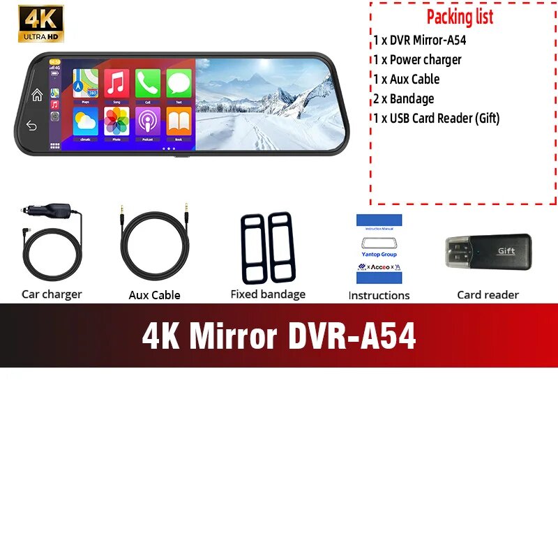 Видеорегистратор Acceo 4K Mirror Dash Cam с беспроводным CarPlay и Android A54-Only 4K DVR, Нет