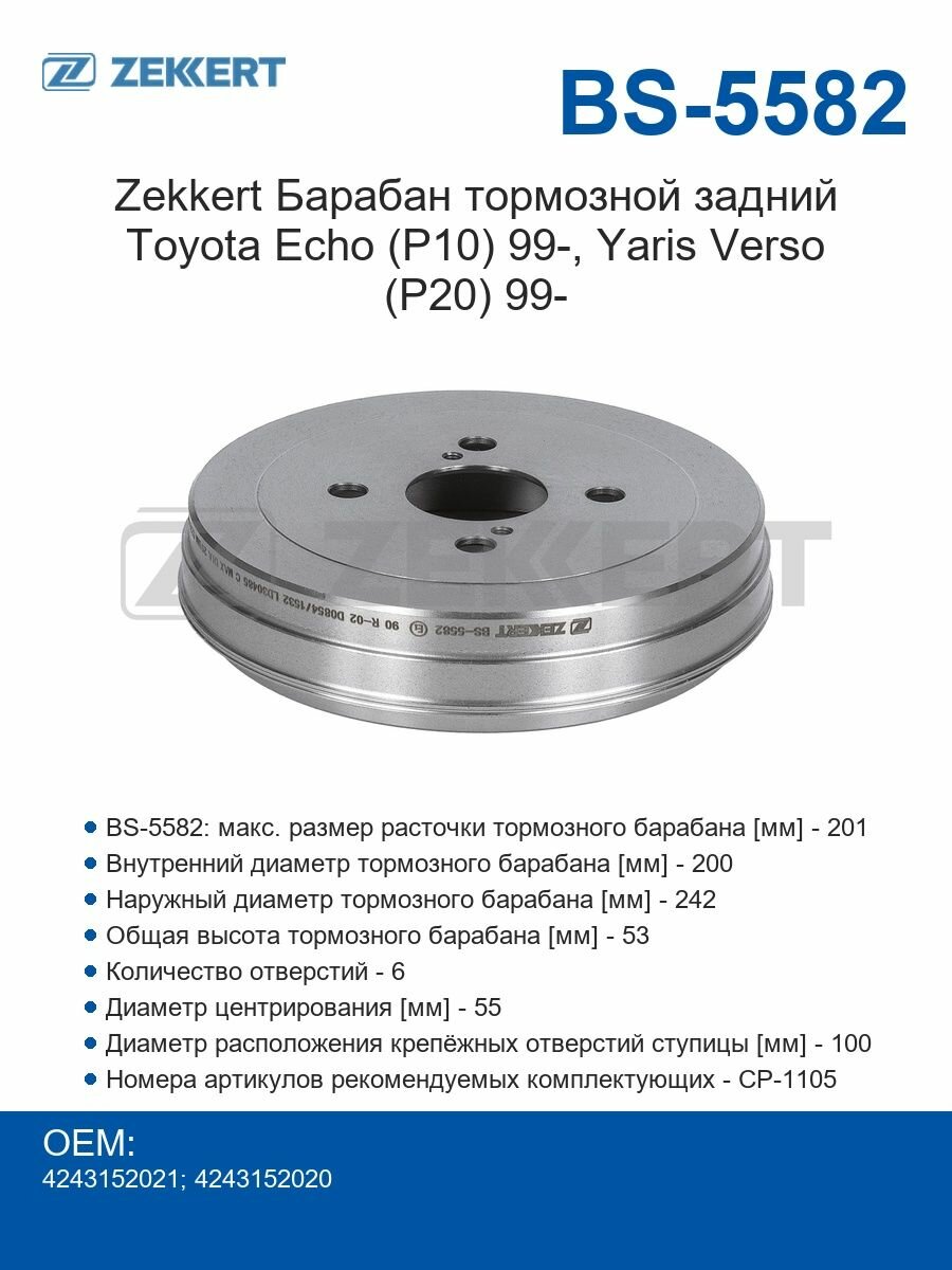 Zekkert Барабан тормозной задний Toyota Echo (P10) 99-, Yaris Verso (P20) 99-