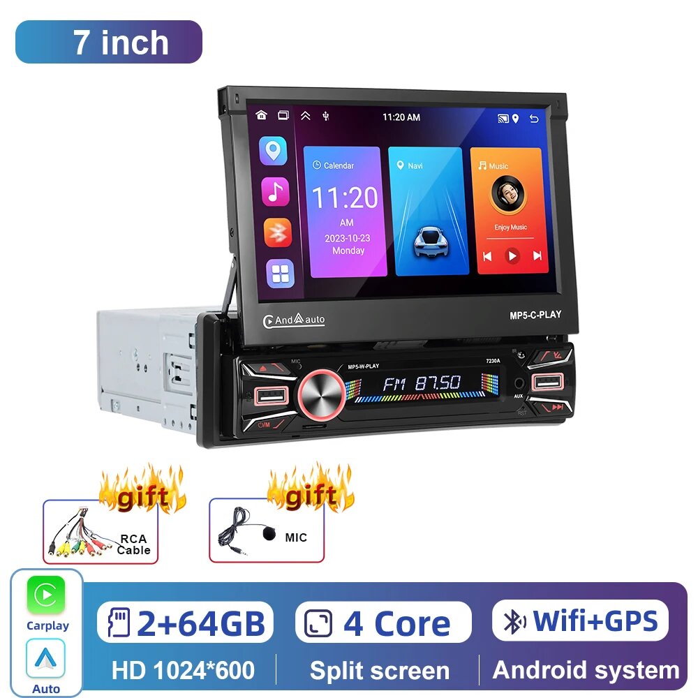 Podofo автомобильный стерео радио 7 дюймов HD выдвижной экран Android 2 + 64G Carplay Android auto WIFI GPS автомобильный мультимедийный плеер для универсального 2G 64G Carplay