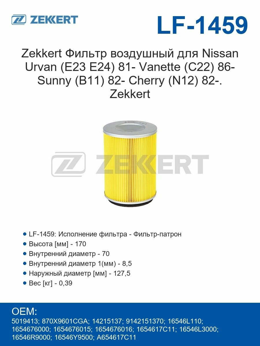 Zekkert Фильтр воздушный для Nissan Urvan (E23 E24) 81- Vanette (C22) 86- Sunny (B11) 82- Cherry (N12) 82-. Zekkert