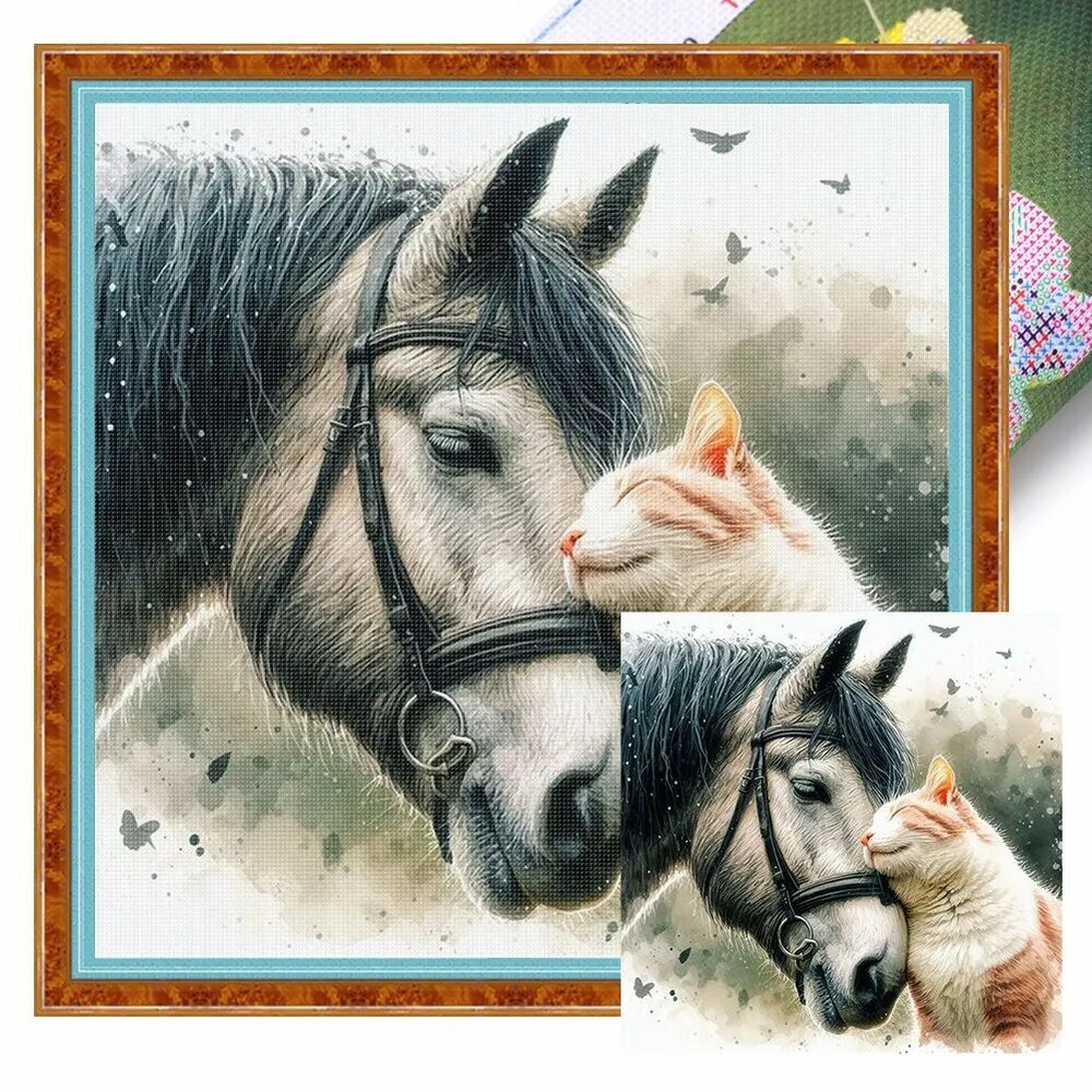 Набор для вышивания крестом с конём и котёнком, 40x40 см, хлопковая канва