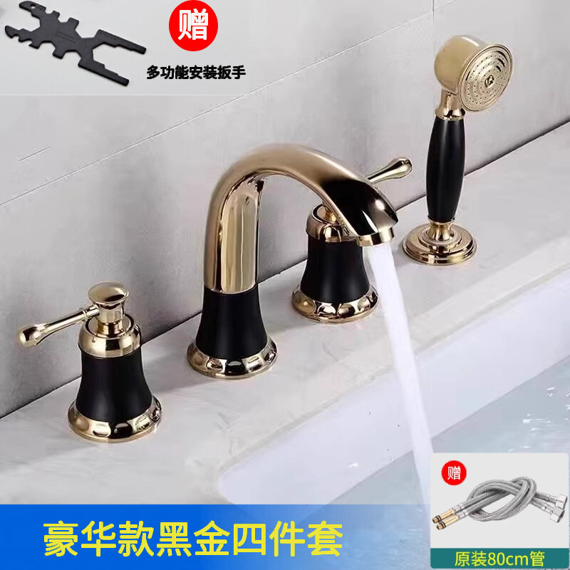 Европейский стиль золотой полностью медный вращающийся трехотверстный смеситель для раковины, трехкомпонентный набор, разделенный двойной ручкой, двойное управление горячей и холодной водой