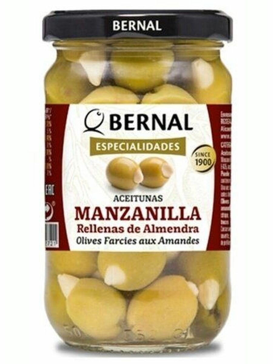 Оливки фаршированные миндалем, без косточки, в стеклянной банке, 300 гр