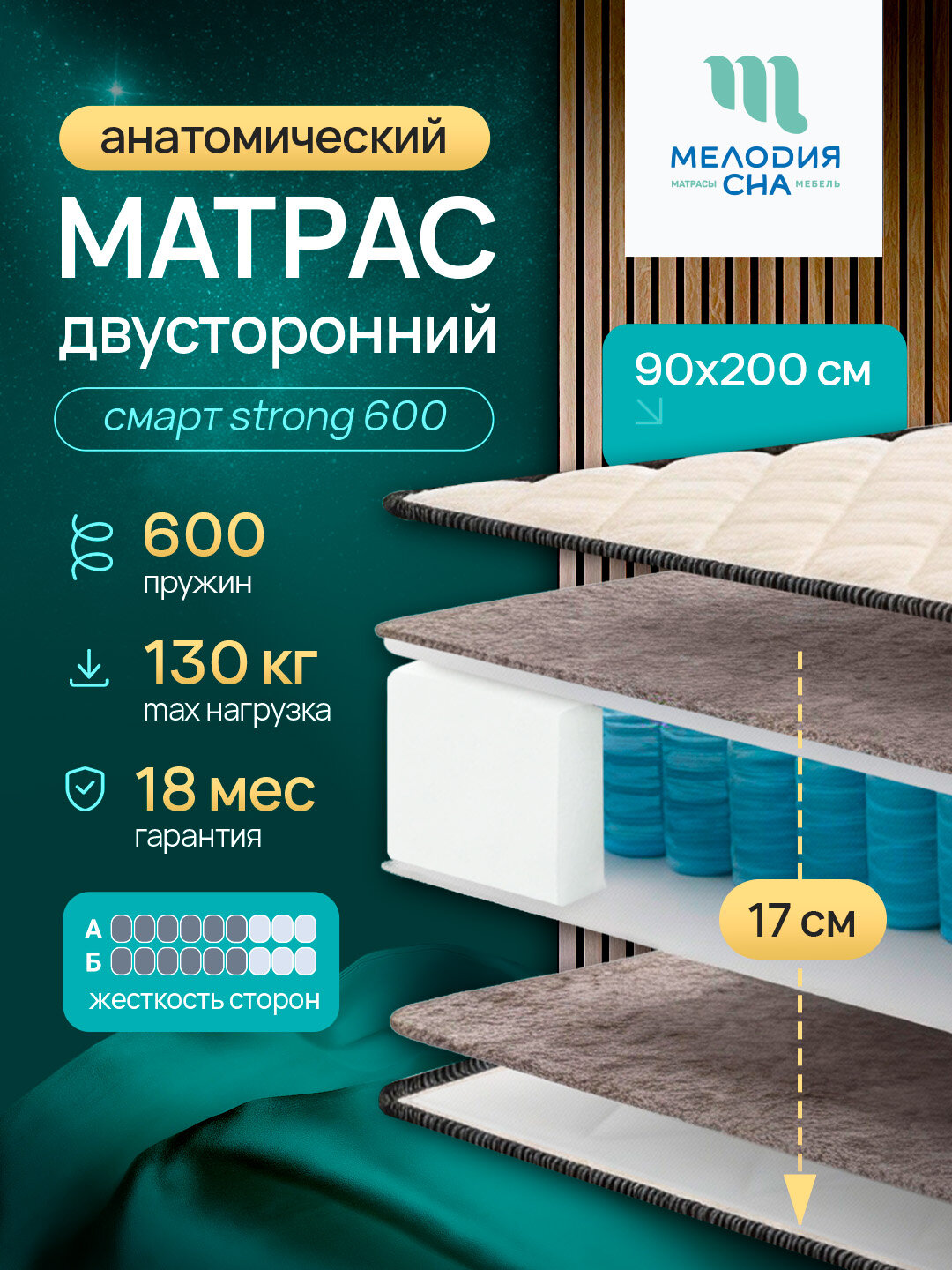 Матрас мелодия СНА Смарт, 90х200, независимые пружины, двусторонний анатомический