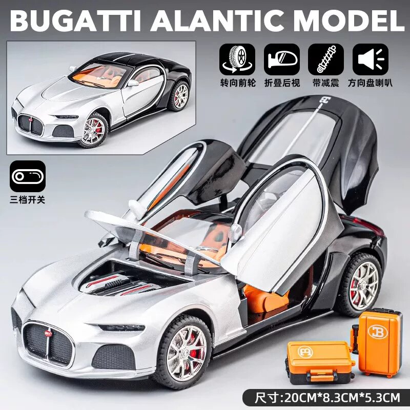 Модель автомобиля Buggati Atlantic 1:24 из сплава, черно-белый цвет - коллекционная игрушка для мальчиков и любителей