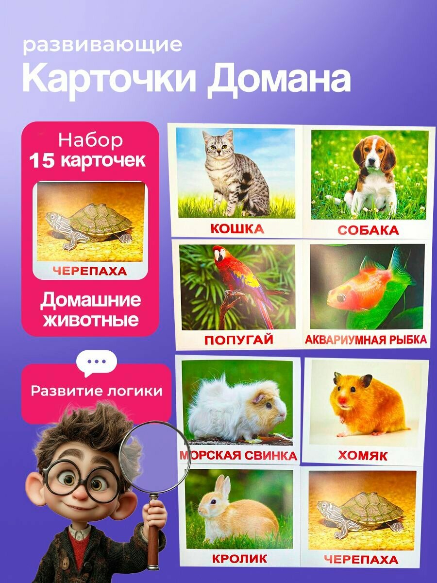 Комплект карточек Домашние животные 15 шт. по методике Г. Домана