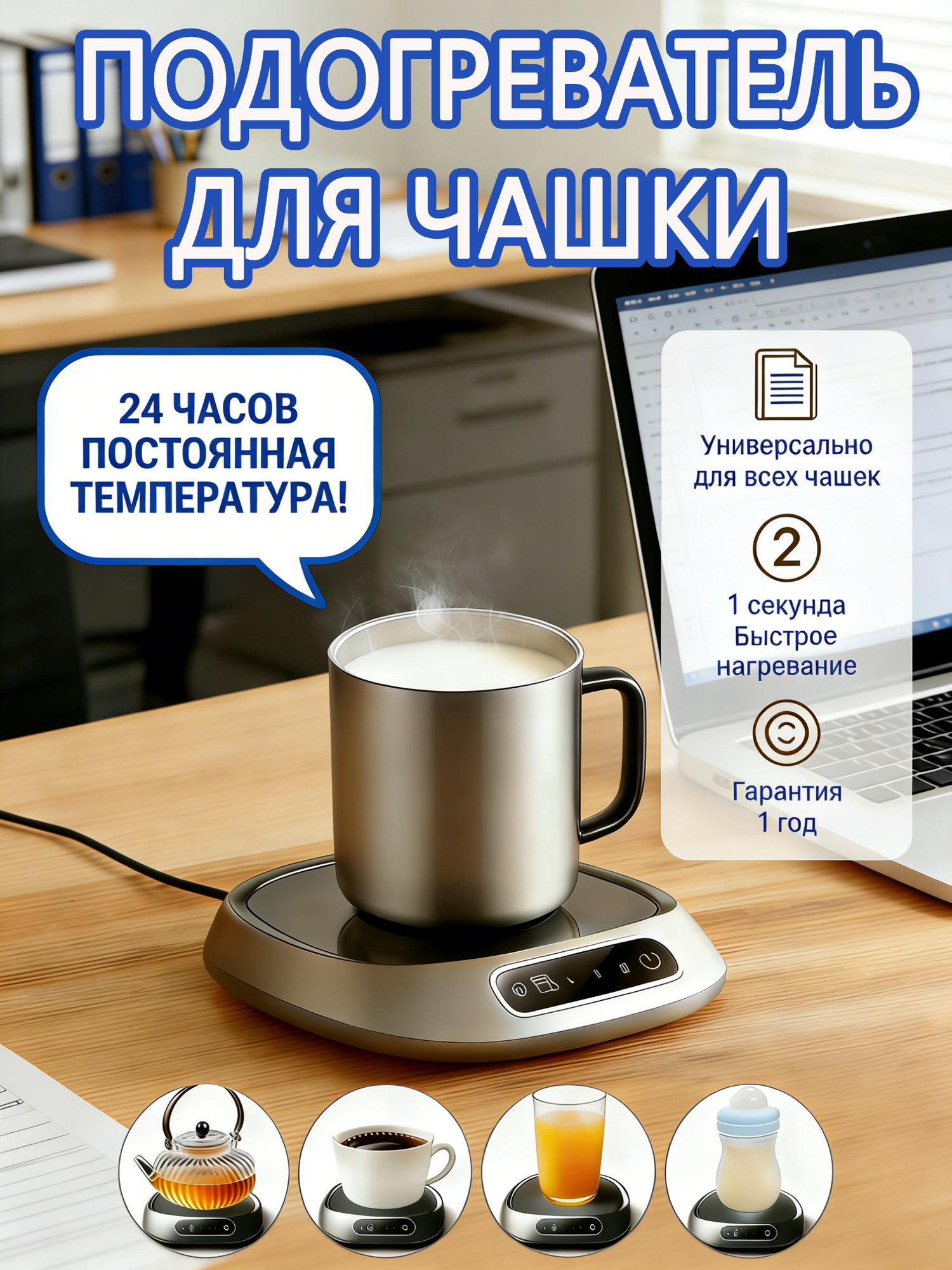 Подставка для подогрева кружки с чаем, кофе, молоком, напитками Термоподставка
