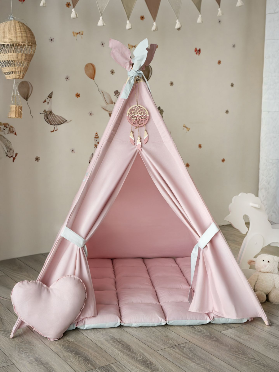 Вигвам babysmail, с ковриком, подушкой сердце, подвеской ловец снов, дерево, ткань