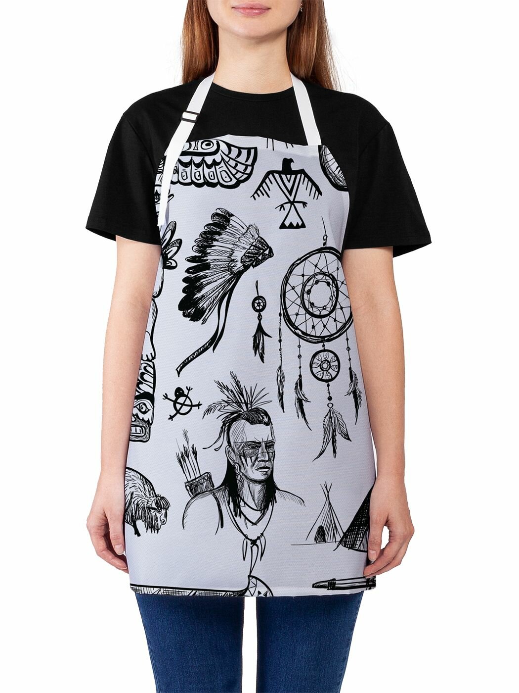 Фартук для кухни тканевый "Индейские атрибуты" / водоотталкивающий, универсальный размер , JoyArty