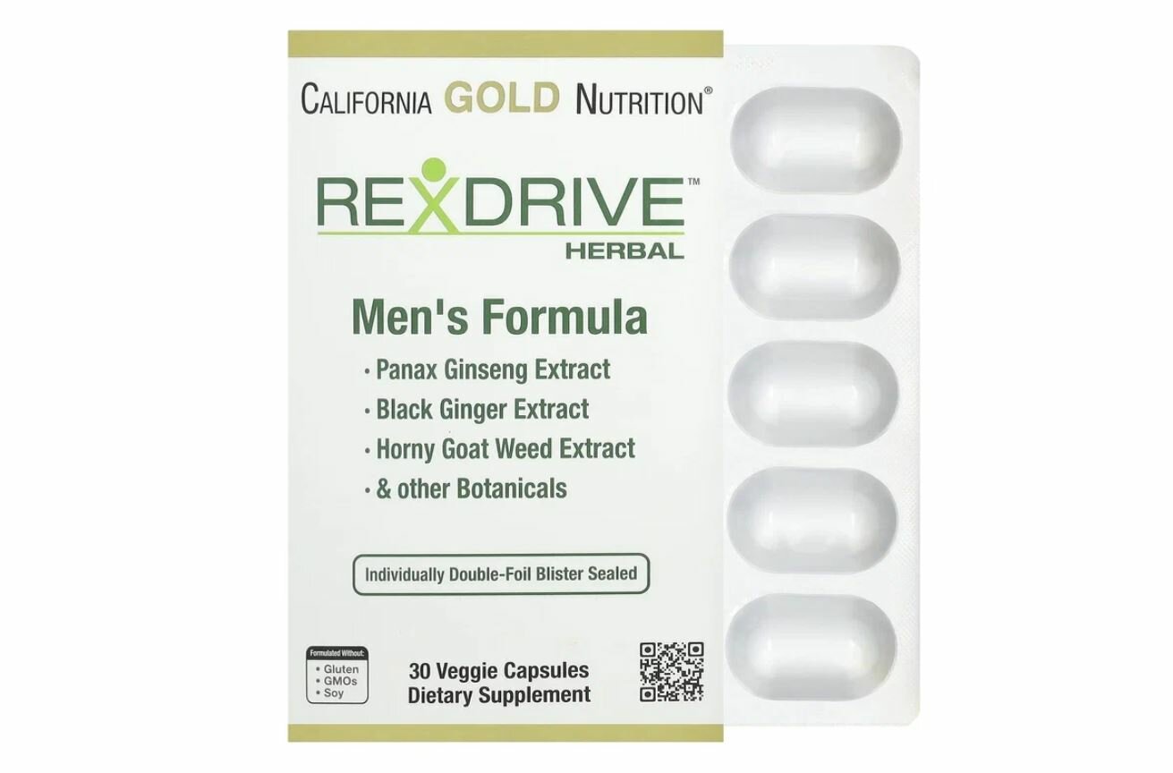 California Gold, Rexdrive, Добавка для поддержания сексуального здоровья мужчин, 30 растительных капсул