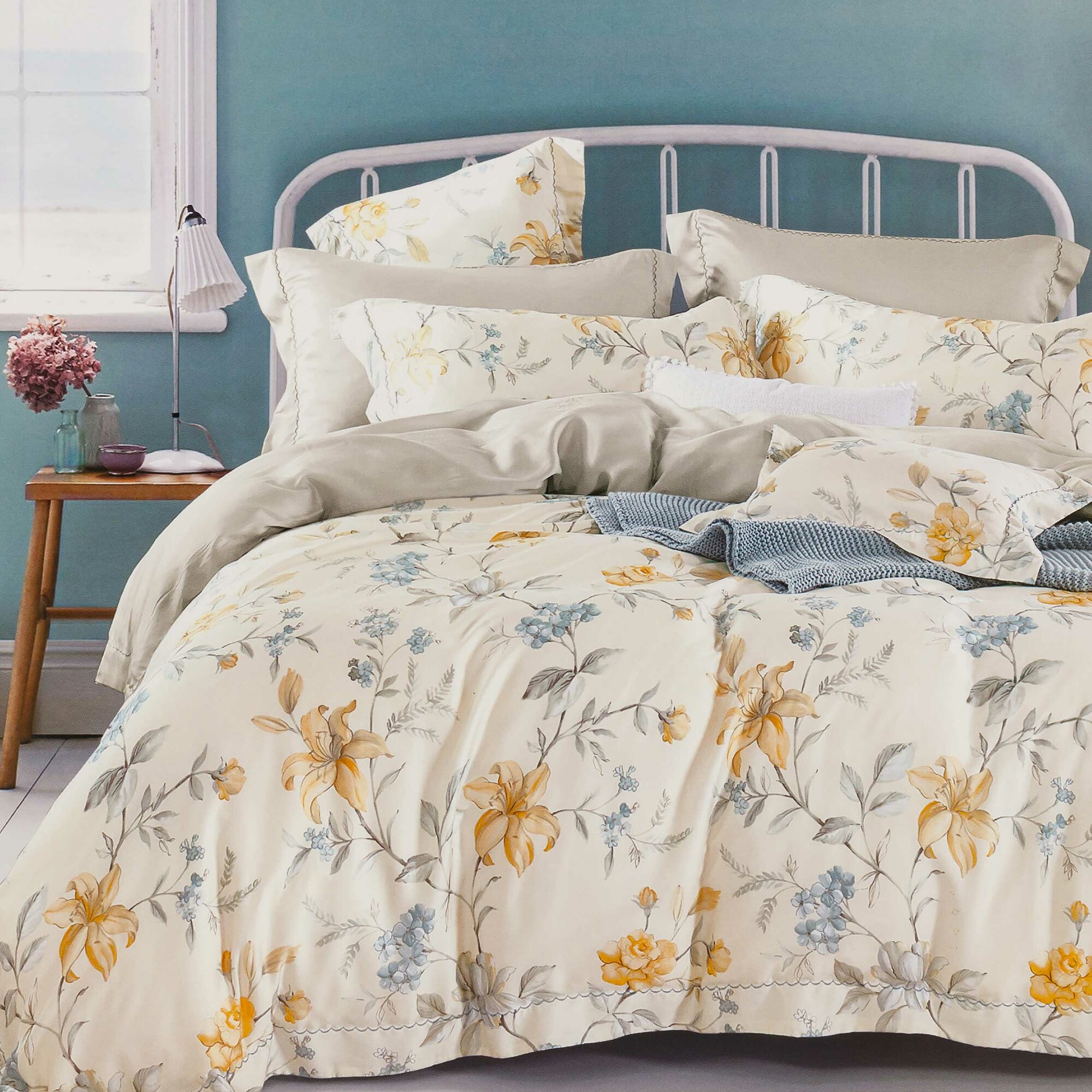 КПБ евро, тенсель 300 ТС, бело-серый, Лилии, Tencel, Kuchenland