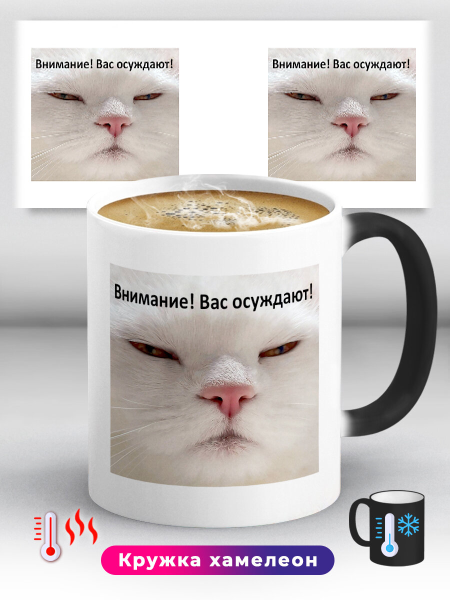 Кружка хамелеон с приколом мем котик Внимание вас осуждают