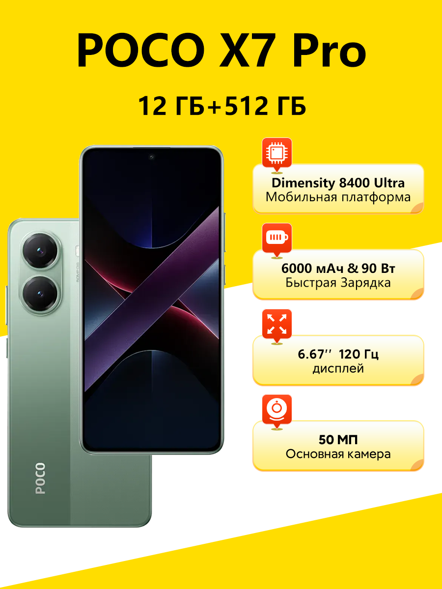 Смартфон Xiaomi Poco X7 Pro 5G Green 12/512 GB, Глобальная версия зеленый