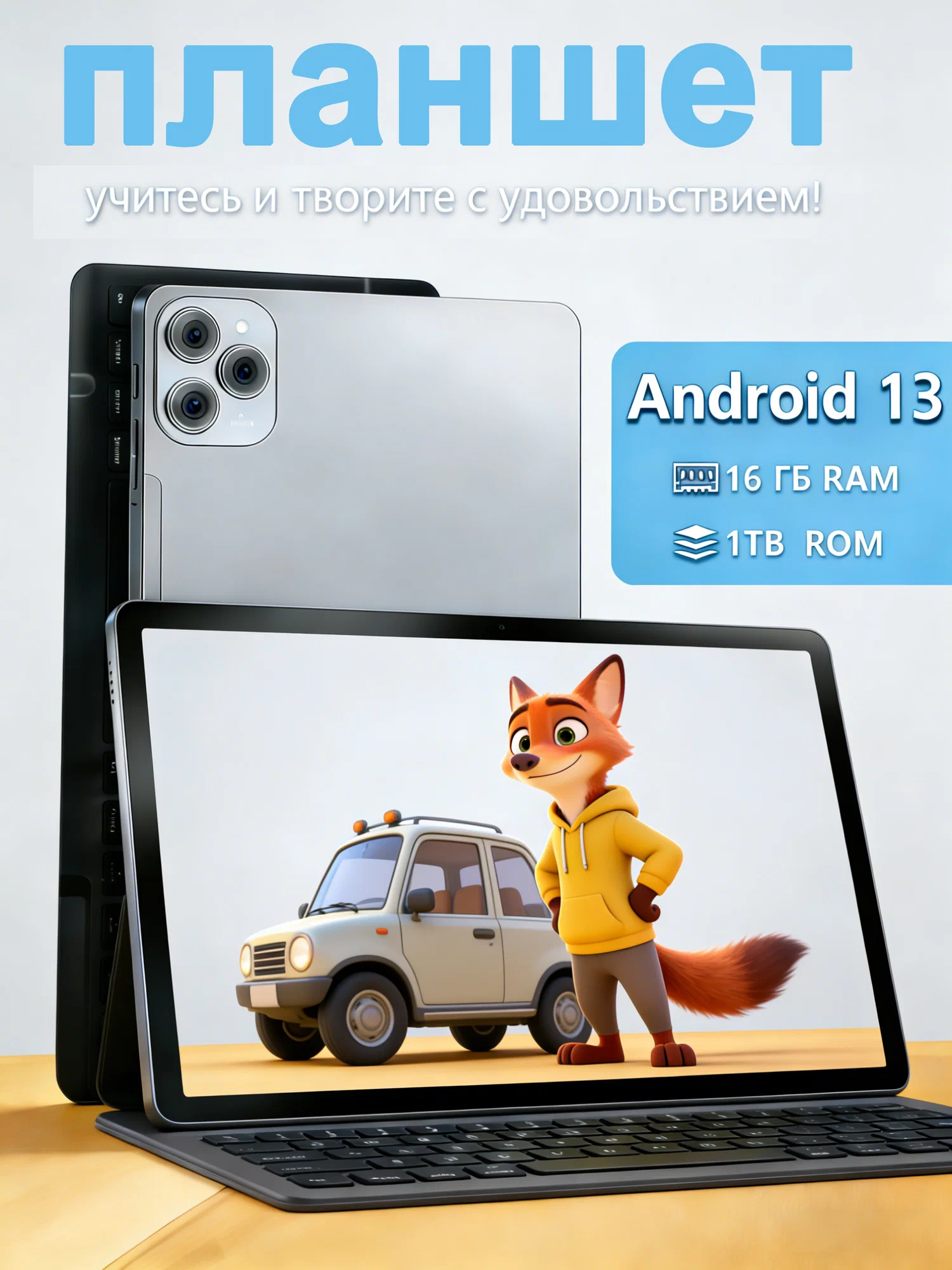 Планшет с клавиатурой, 10,1" Full HD, 4G, Wi-Fi, Bluetooth, Android 13 ,10000 мАч,3000 x 1440 FULL HD, Для детей, серый