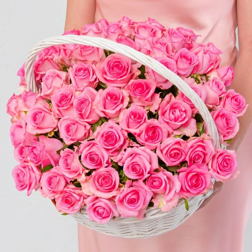 Букет Мегацвет24 "Ярко-Розовые Розы Ревиваль", в корзине, 51 цветок, розовый