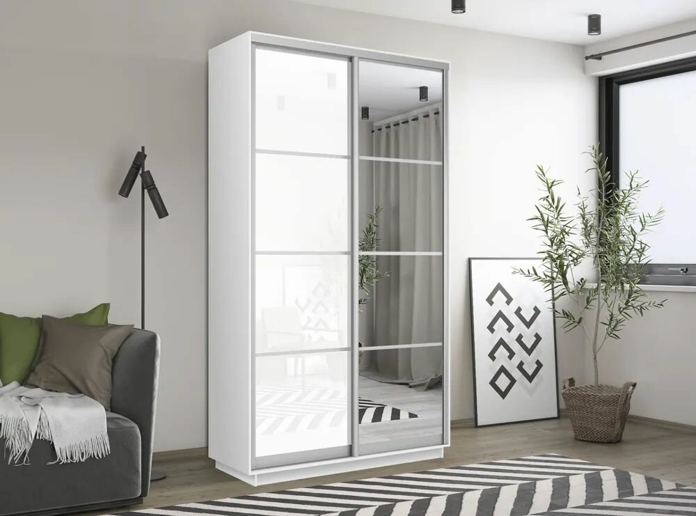 Шкаф-купе Флорида 2дв. (Зеркало/Стекло белое) профиль серебро, 120х60х220 см. Белый снег