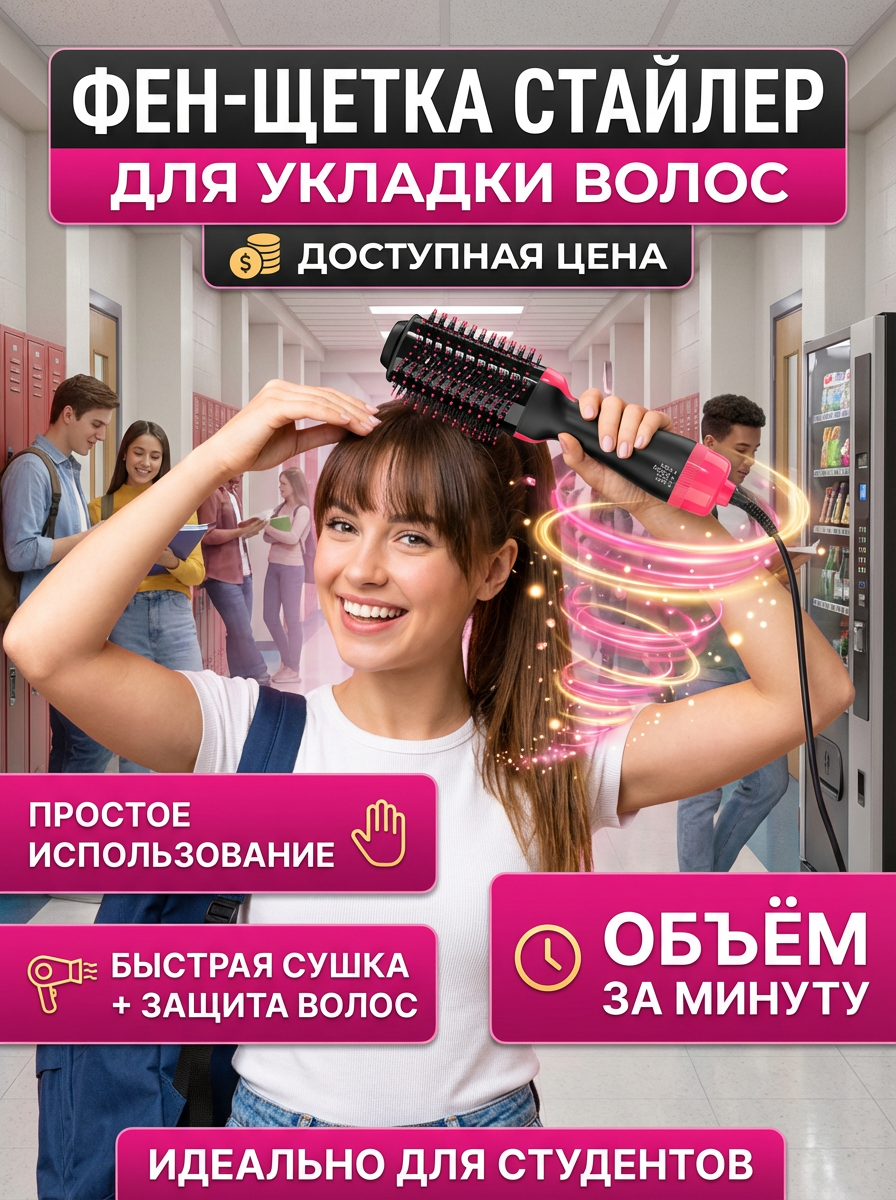 Фен-щетка для волос 3 в 1, Термощетка, Выпрямитель для волос, Стайлер, Расческа