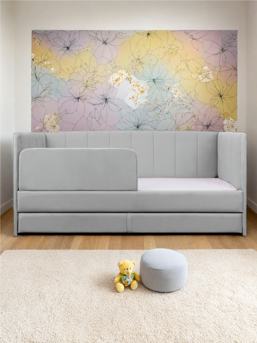 Кровать-диван Хагги 160*80 серая с защитным бортиком, с ящиком для хранения