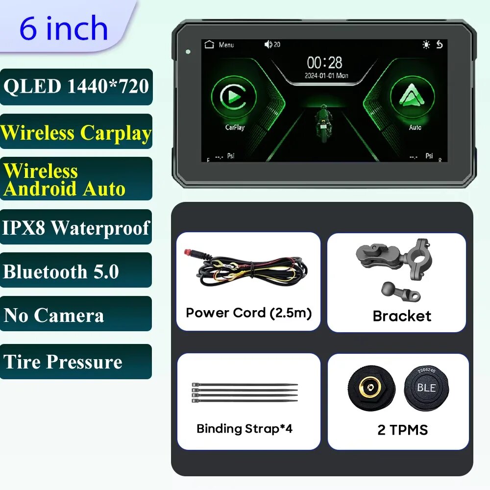 Carplay мотоцикл Android авто GPS навигация IPX8 водонепроницаемый для мото мультимедиа Screen-TPMS