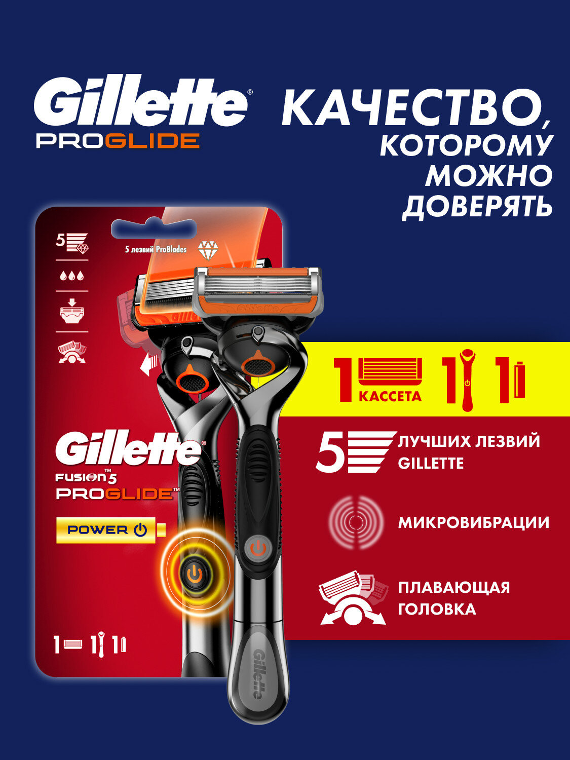 Gillette Fusion5 ProGlide Power Мужская Бритва , 1 кассета, с 5 лезвиями, с технологией FlexBall, c успокаивающими микроимпульсами