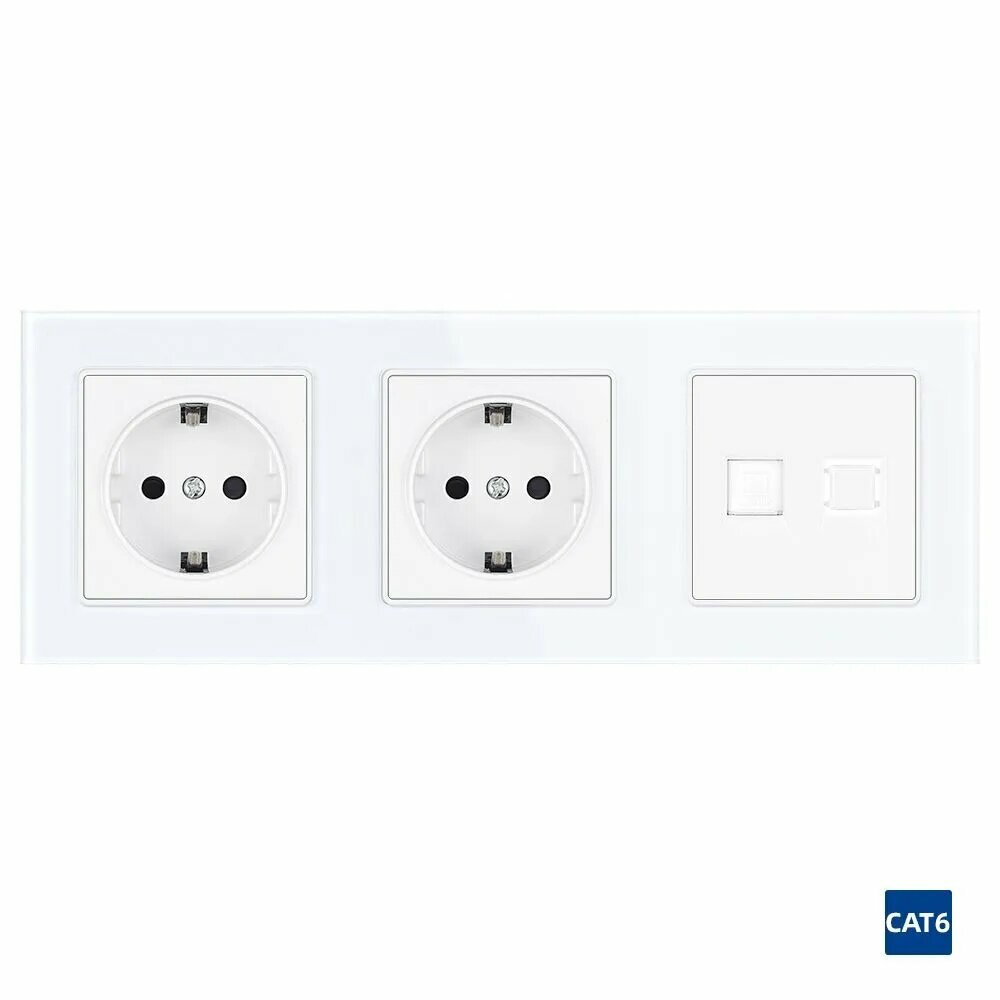 Розетка с заземлением 220В +розетка компьютерная rj45, 3 поста рамка закаленное стекло Белая