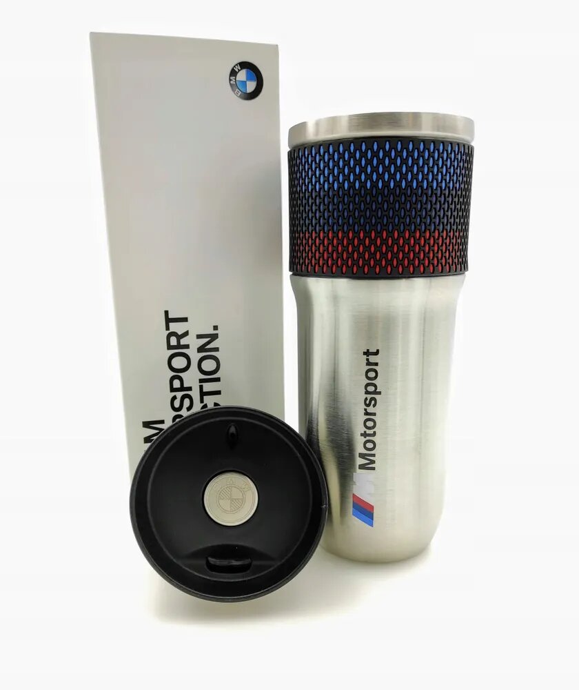 Термокружка BMW M Motorsport, 0.45 л, нержавеющая сталь, серебристый и белый цвет, для горячих и холодных напитков — фото 1