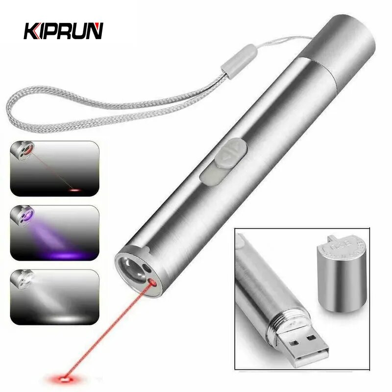 KIPRUN Лазерная ручка, три в один USB зарядка, красный ультрафиолетовый фонарик для кошек