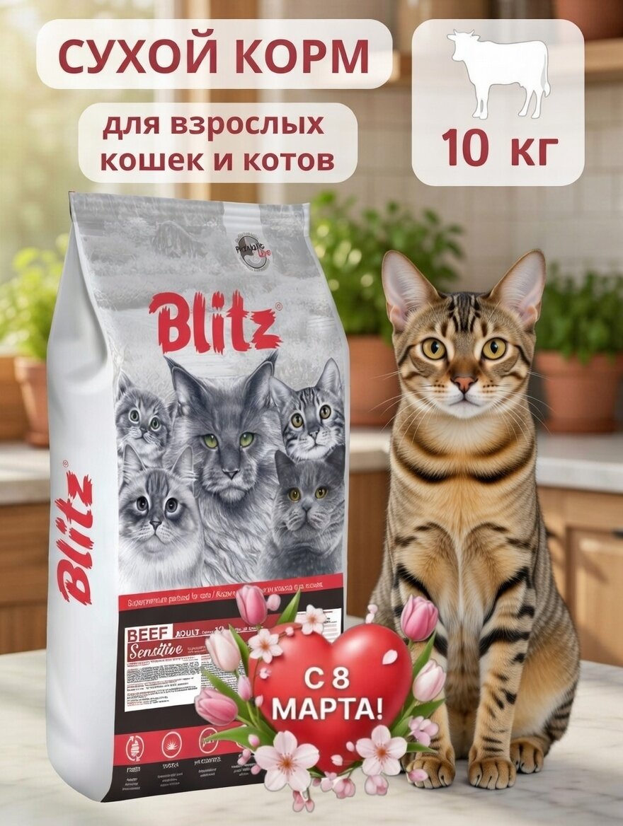 Сухой корм для кошек Blitz Sensitive Adult Beef с говядиной, 10 кг