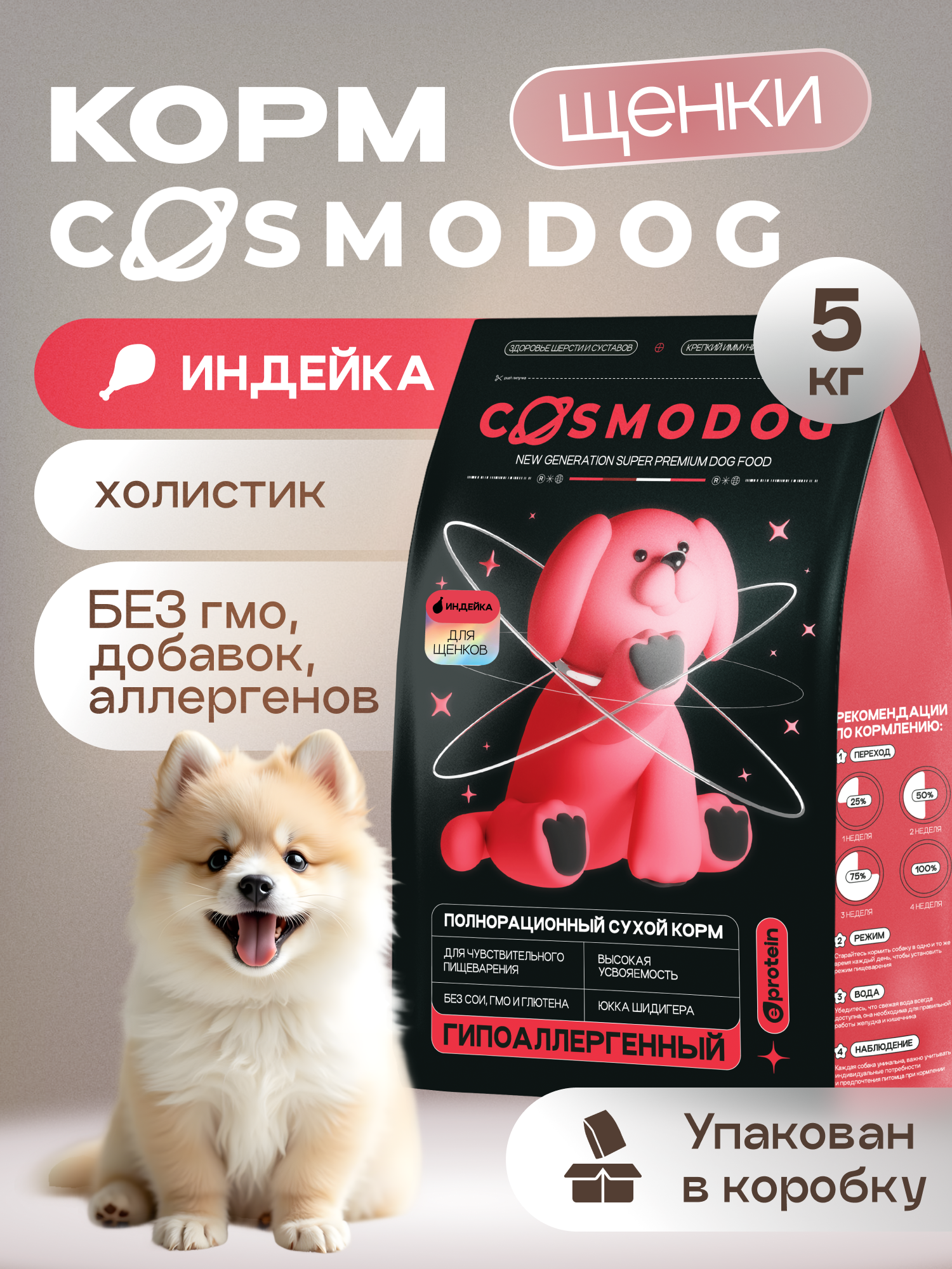 Сухой корм для щенков мелких и крупных пород Cosmodog 5 кг гипоаллергенный холистик с индейкой премиум класса