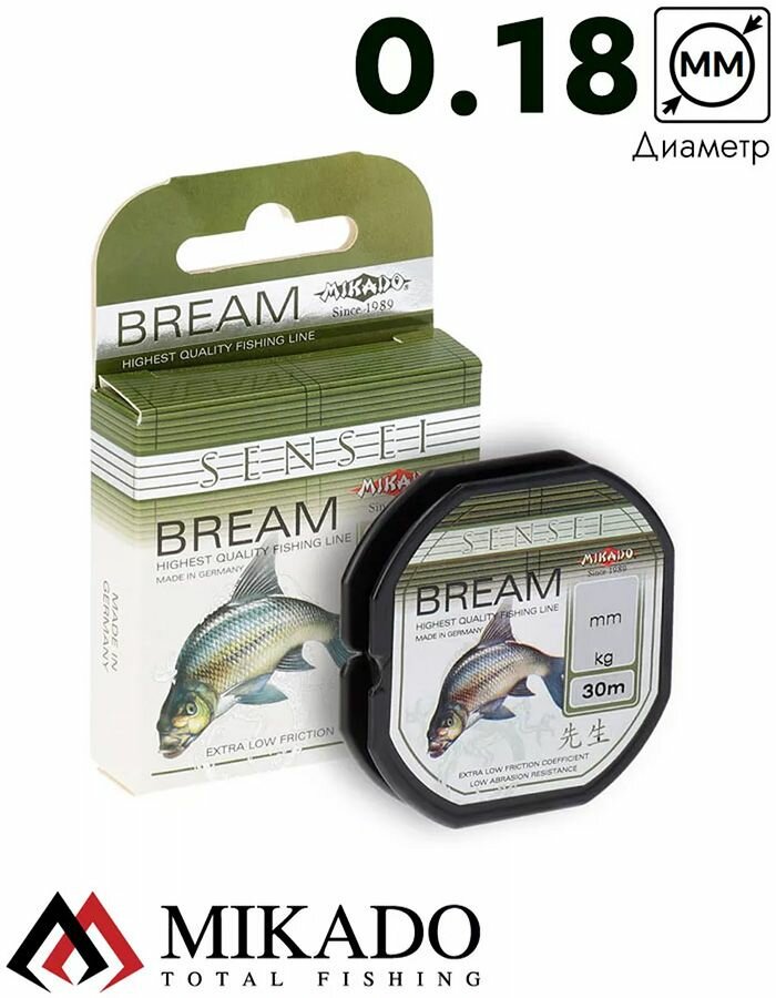 Леска мононить Mikado SENSEI BREAM 0,18 (30 м) - 5.00 кг.
