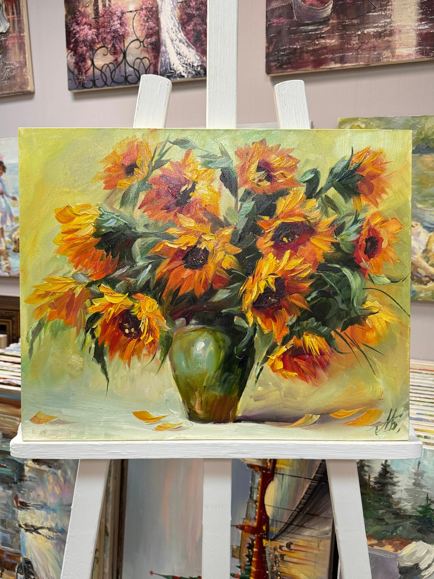 Картина маслом от художника, Подсолнухи в вазе 40x50 см. Художественная мастерская Грёзы.